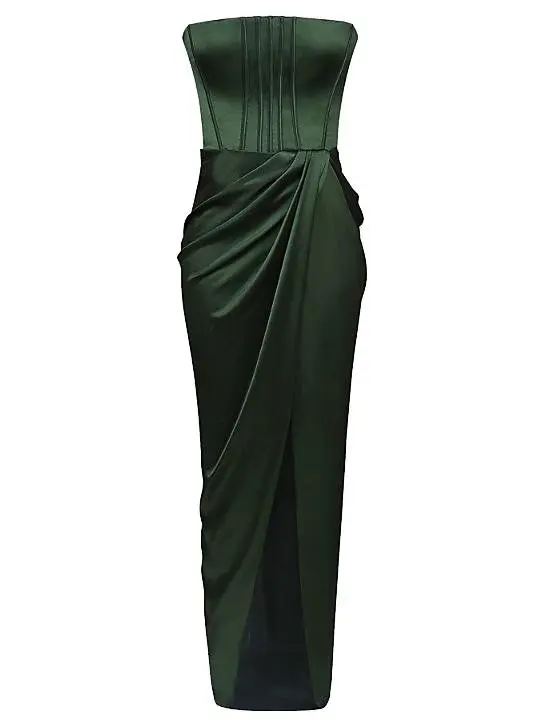 House Of Cb Strapless Satin Maxi Dress - Forest Green