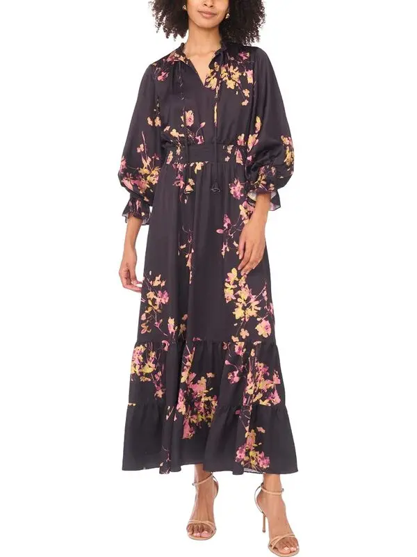 Vince Camuto Floral Print Smocked Maxi Dress - Rich Black