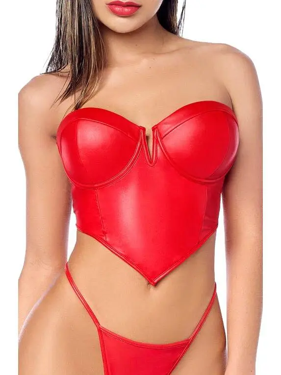 MAPALE Faux Leather Bustier And Thong Set - Red