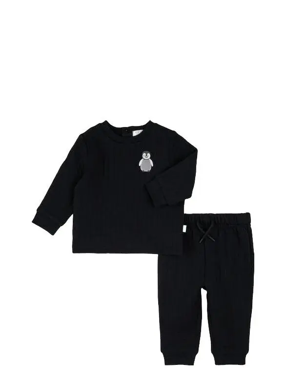 PETIT LEM Baby Penguin Ribbed Set - Black