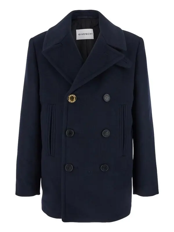 Givenchy Wool Coat With Logo Buttons And Wide Lapels - Blue