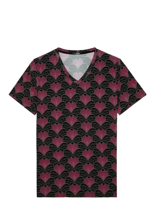 HOM Carlyle Tee-shirt V Neck - Bordeaux Print