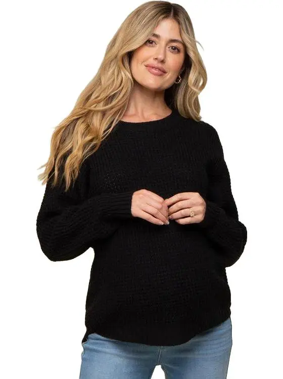 PINKBLUSH Waffle Knit Round Hem Sweater - Black