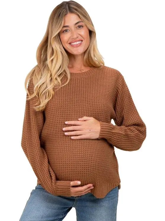 PINKBLUSH Waffle Knit Round Hem Sweater - Camel
