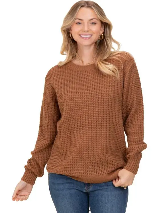 PINKBLUSH Maternity Waffle Knit Round Hem Sweater - Camel