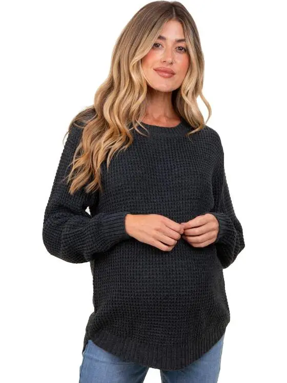 PINKBLUSH Waffle Knit Round Hem Sweater - Charcoal Grey