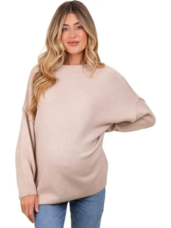 PINKBLUSH Oversized Crewneck Melange Knit Sweater - Beige