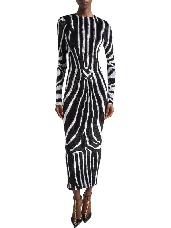 Balmain Zebra Stripe Cutout Velvet Body-con Dress - Black/white