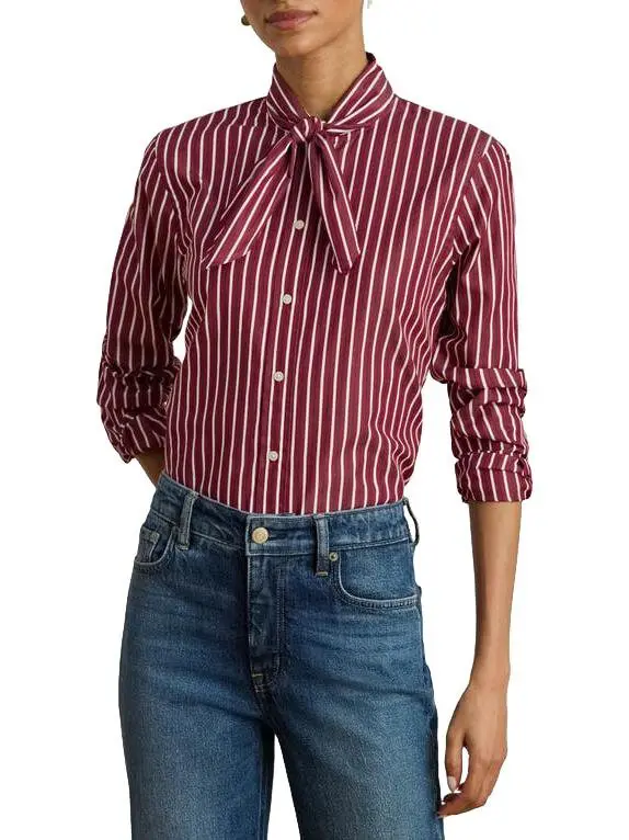 Ralph Lauren Stripe Cotton Tie Neck Button-up Shirt - Burgundy/white Multi