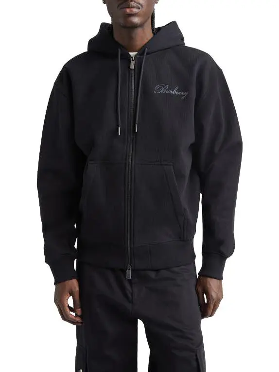 Burberry Logo Embroidered Cotton French Terry Zip Hoodie - Black
