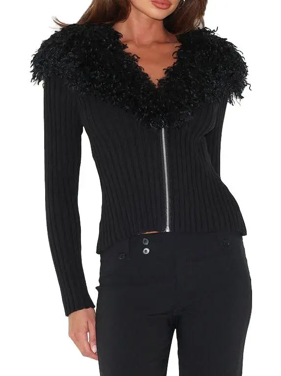 TIGER MIST Faux Fur Collar Rib Jacket - Black