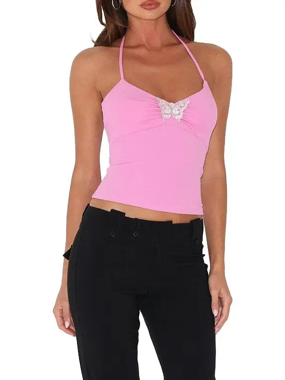 TIGER MIST Celestine Embroidered Butterfly Halter Top - Pink