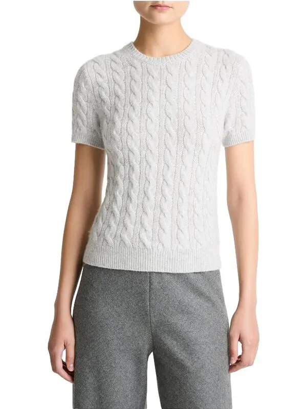 Vince Cable-knit Wool & Cashmere-blend Short-sleeve Sweater - Grey