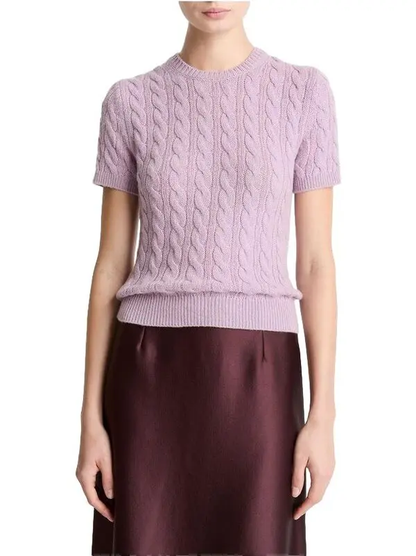 Vince Cable-knit Wool & Cashmere-blend Short-sleeve Sweater - Purple
