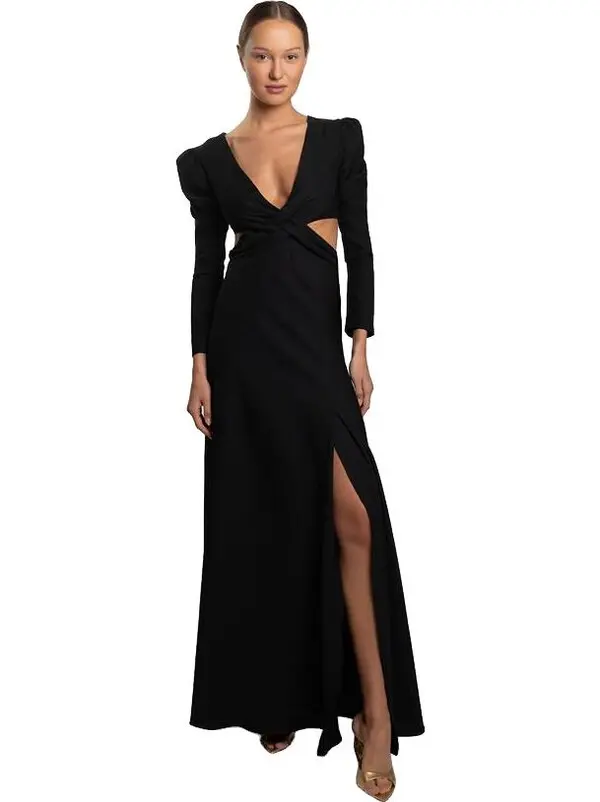 PatBO Light Spot Crepe Long Sleeve Gown - Black