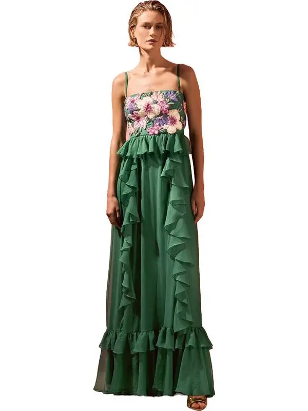 PatBO Chiffon Flowers Maxi Dress - Green
