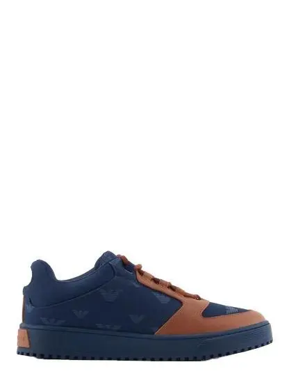 Emporio Armani Canvas Sneakers With All-over Eagles - Blue