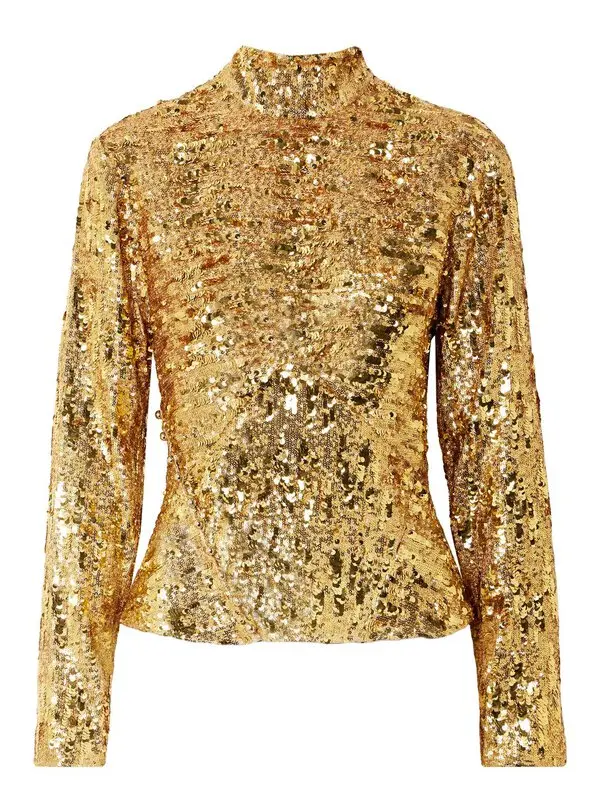 Rabanne Sequined Crepe De Chine Turtleneck Top - Gold