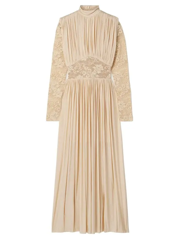 Zimmermann Ruched Stretch-jersey Maxi Dress With Lace - Cream