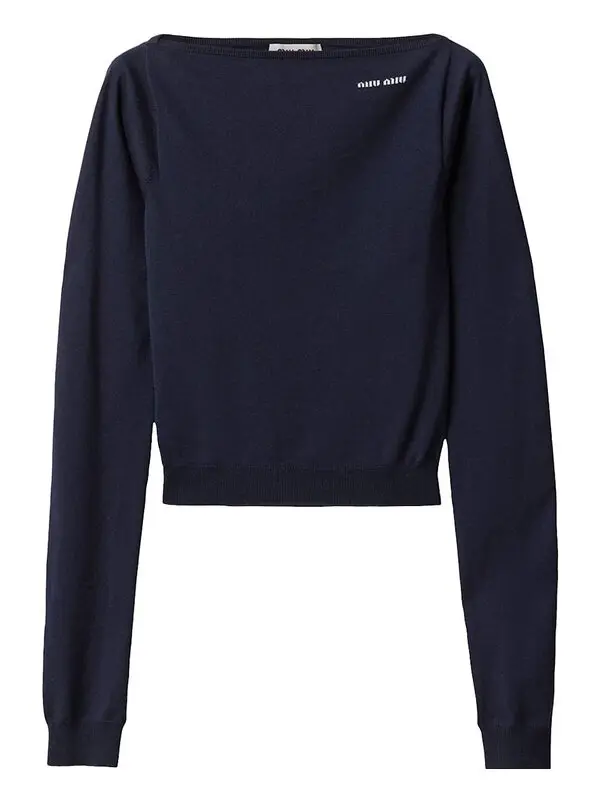 Miu Miu Boat-neck Wool Sweater With Logo - Navy