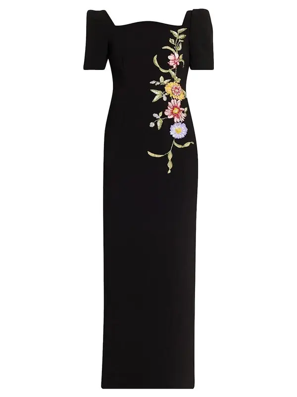 Rickie Freeman For Teri Jon Scalloped Embroidered Stretch Crepe Gown - Black Multi