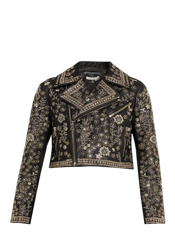 Alice + Olivia Embellished Cropped Leather Moto Jacket - Black/multi
