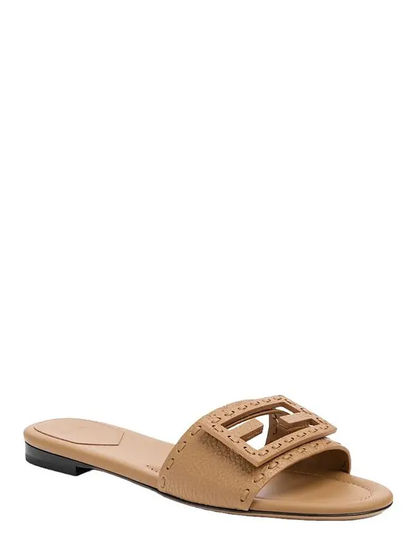 Fendi Baguette Leather Selleria Slides - Tan