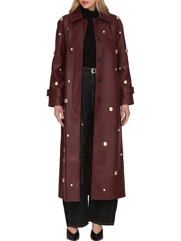 Avec Les Filles Studded Faux Leather Belted Trench Coat - Mulberry