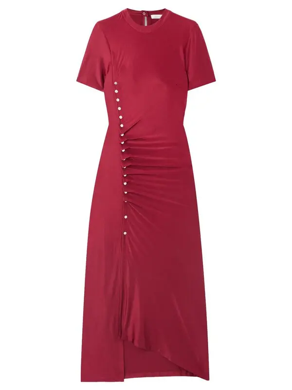 Rabanne Button-detailed Gathered Jersey Midi Dress - Red