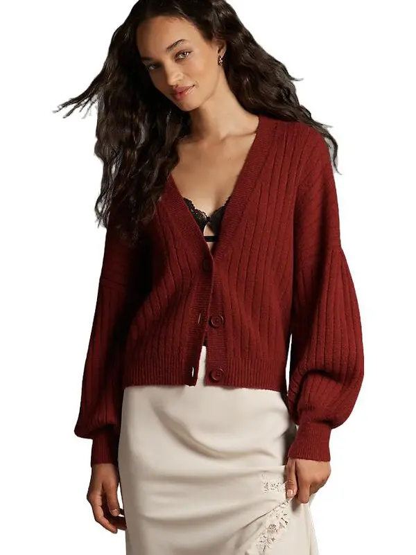 Anthropologie Ribbed Wool Blend Cardigan - Fresh Berry