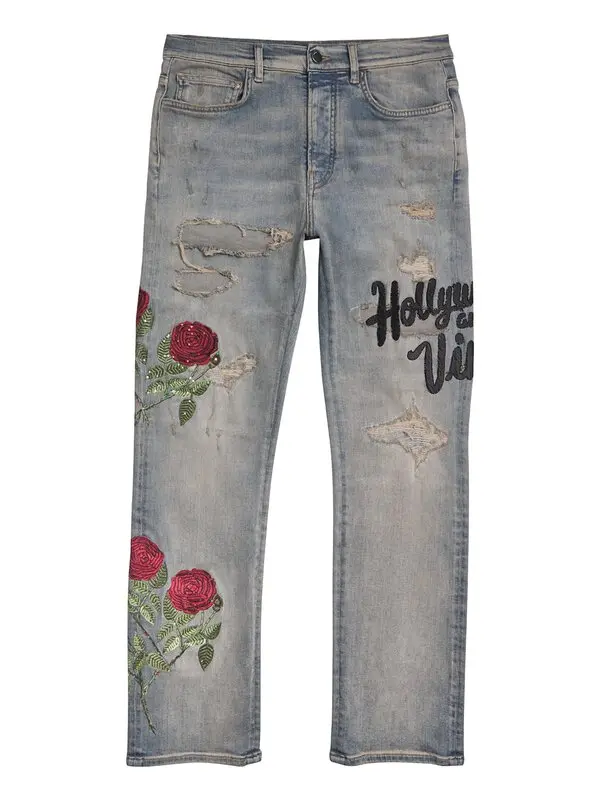Amiri Floral Sequin Embellished Slim Jeans - Blue