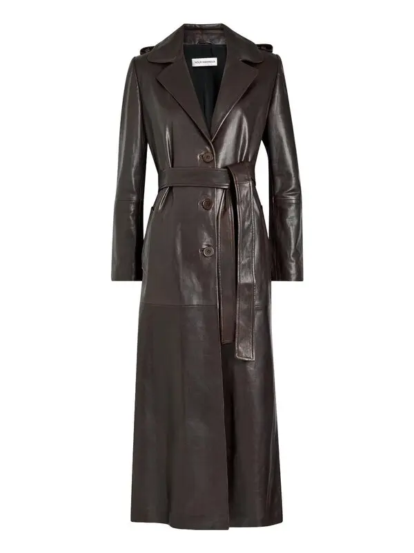 Nour Hammour Scarlett Belted Leather Trench Coat - Dark Brown