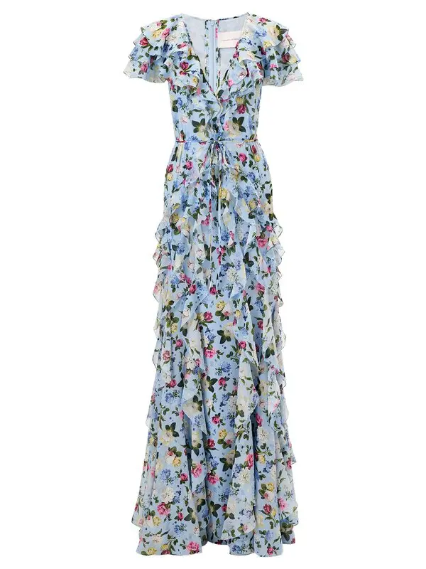 Carolina Herrera Ruffled Garden Floral Silk Chiffon Gown - Light Blue