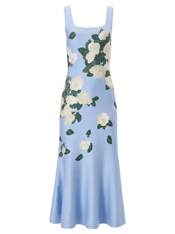 Carolina Herrera Scoop Neck Floral Knit Midi Dress - Light Blue