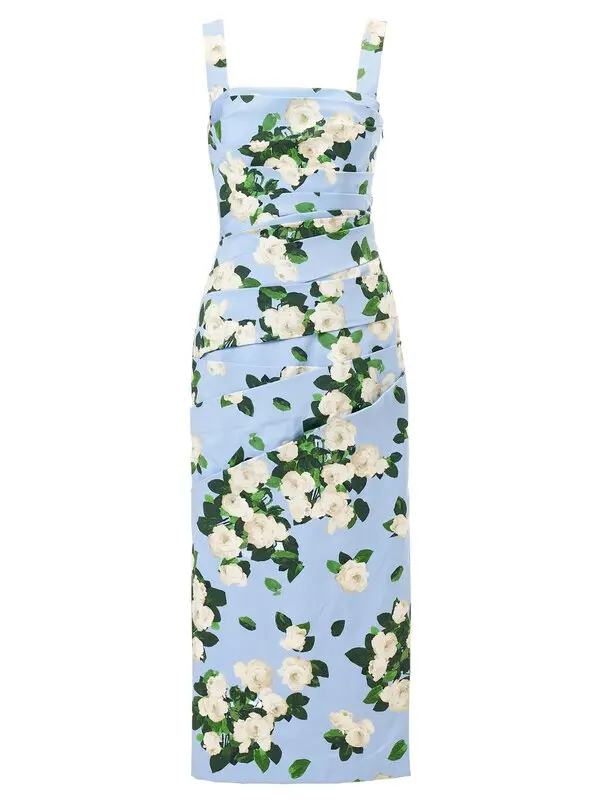 Carolina Herrera Draped Painted Rose Cotton-blend Midi Dress - Light Blue