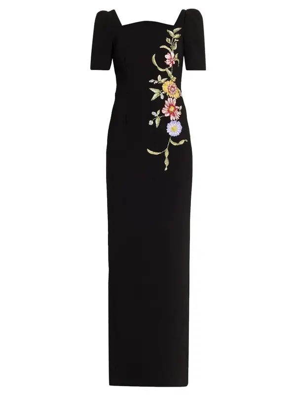 Rickie Freeman For Teri Jon Scalloped Embroidered Crepe Gown - Black Multi