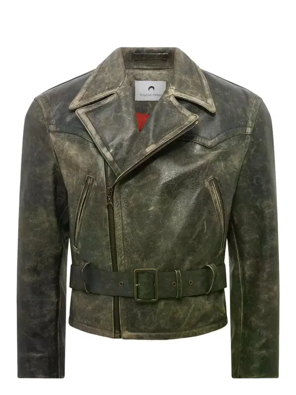 MARINE SERRE Belted Leather Biker Jacket - Grey