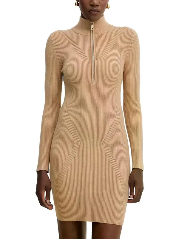 Guess Ribbed Zip-neck Mini Dress - Neutrals