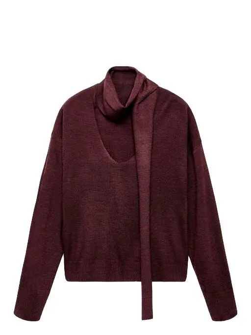Mango V-neck Sweater With Attached Scarf - Wine