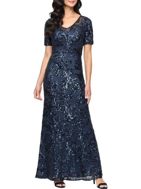Alex Evenings Sequin Mesh Overlay Gown - Deep Ocean
