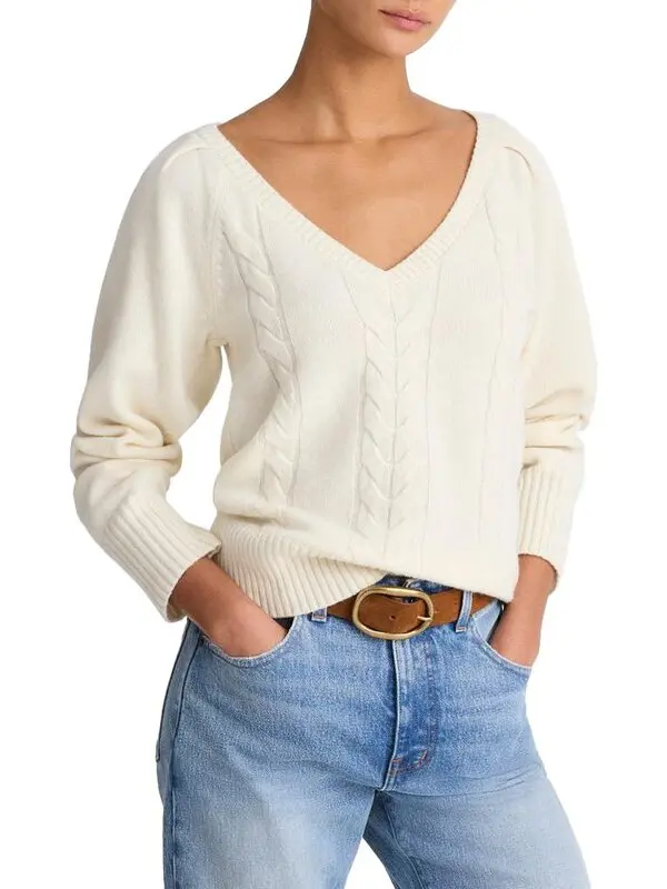 Madewell V-neck Merino Wool Cable-stitch Sweater - Arctic