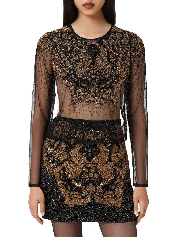 ALLSAINTS Greta Sequin Beaded Sheer Top - Black/gold