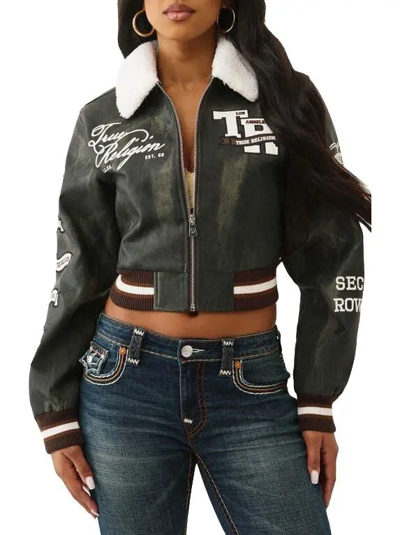 True Religion Aviator Cropped Jacket - Washed Brown