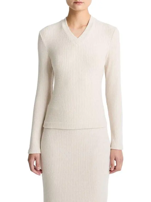 Vince Cozy Ribbed V-neck Top - Heather Cream Oat