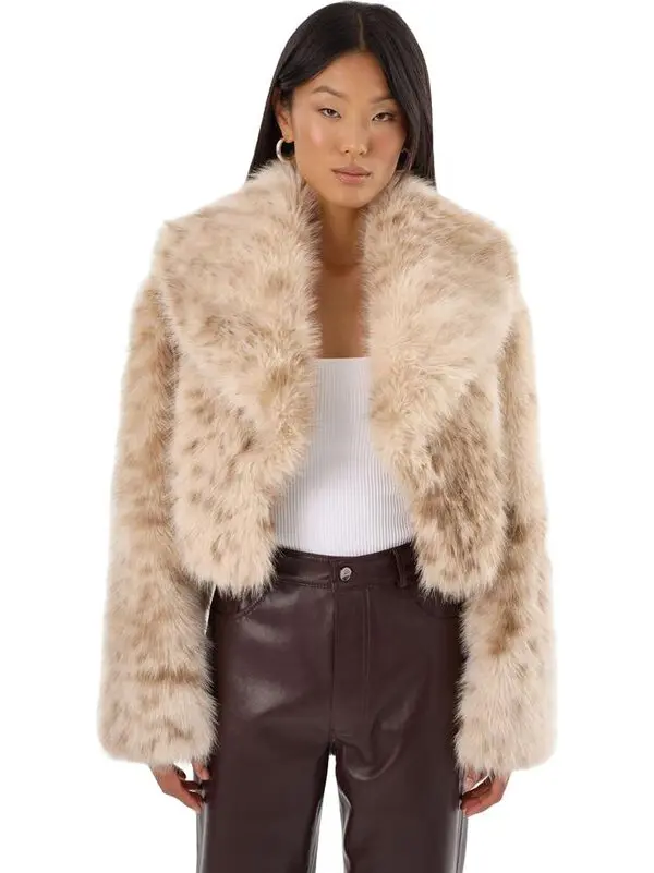 LAMARQUE Danika Leopard Print Faux Fur Crop Jacket - Beige Leopard