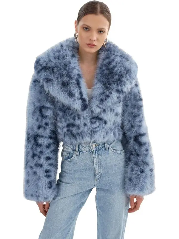 LAMARQUE Danika Leopard Print Faux Fur Crop Jacket - Blue Leopard