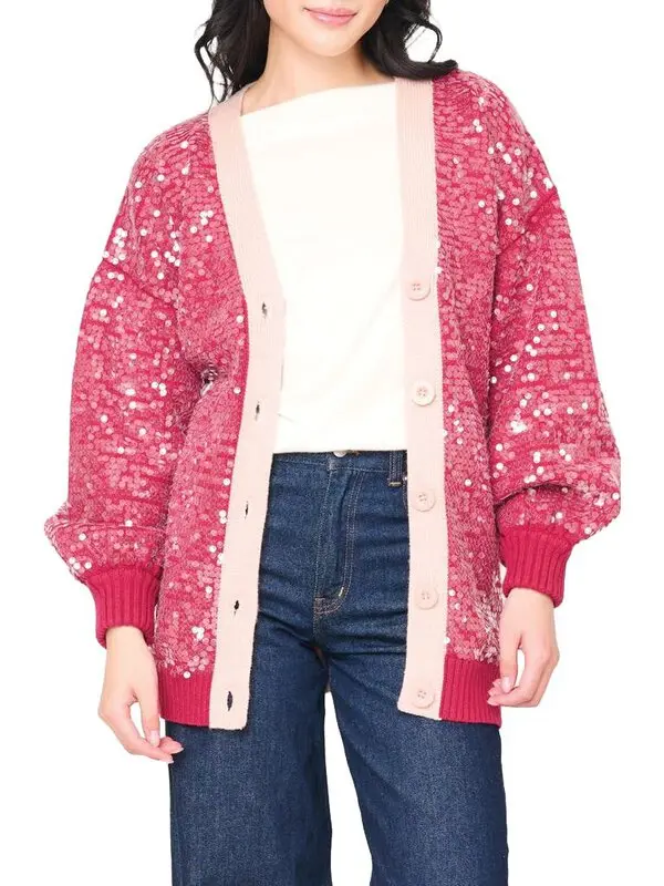GIBSONLOOK Colorblock Sequin Cardigan - Cerise/pink Smoke