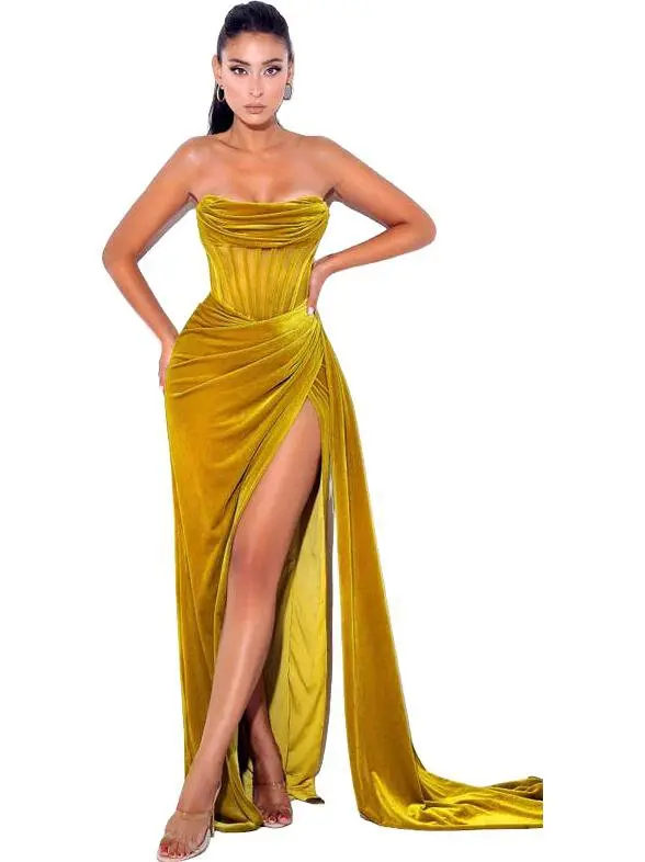 MISS CIRCLE High Slit Corset Evening Gown - Gold