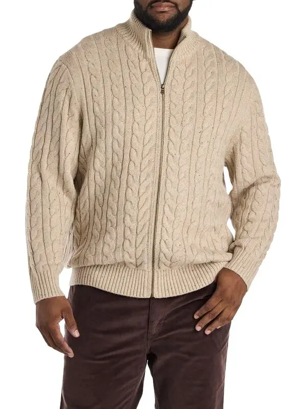 OAK HILL BY DXL Big & Tall Cabled Front-zip Cardigan - Oatmeal Nep