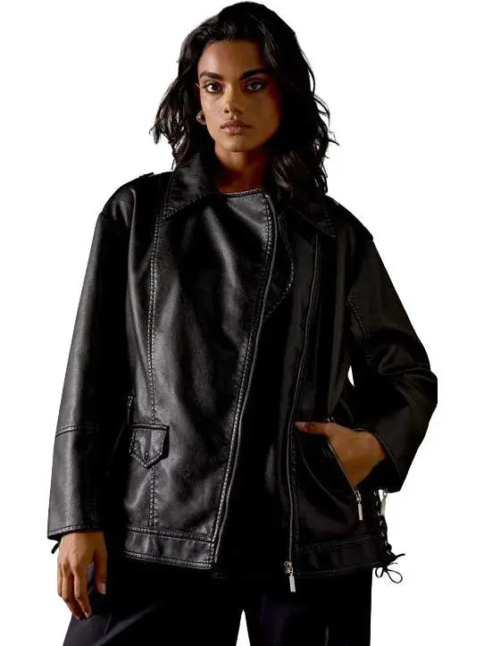 WAREHOUSE Oversized Faux Leather Jacket - Black